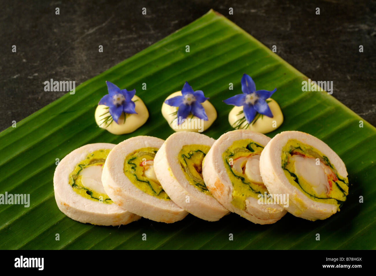 "Apéro", Roulade of rabbit, lobster and curry on a banana leaf, Haute ...
