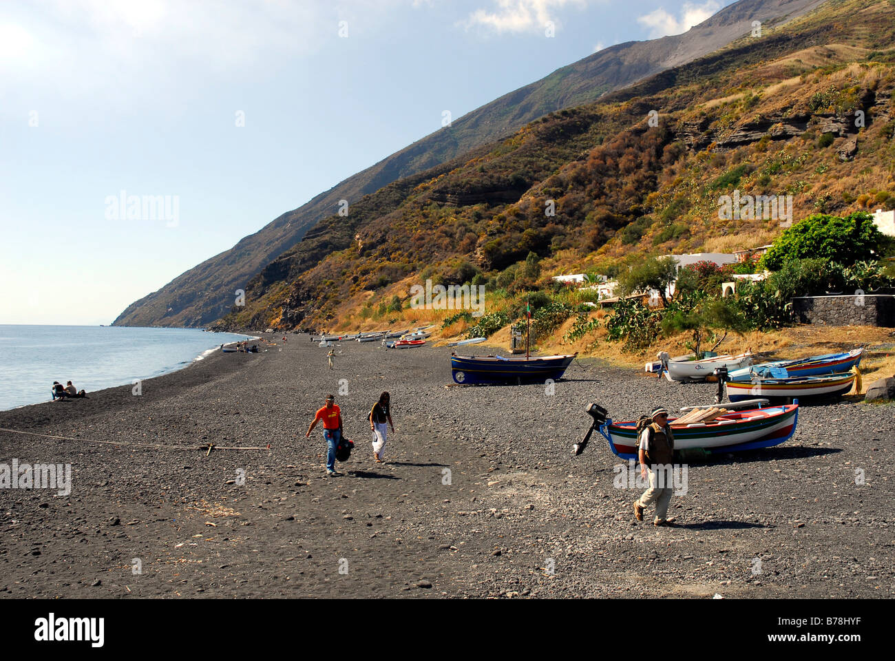 Black sandy beach on Stromboli Island, Stromboli volcano, Aeolian or ...