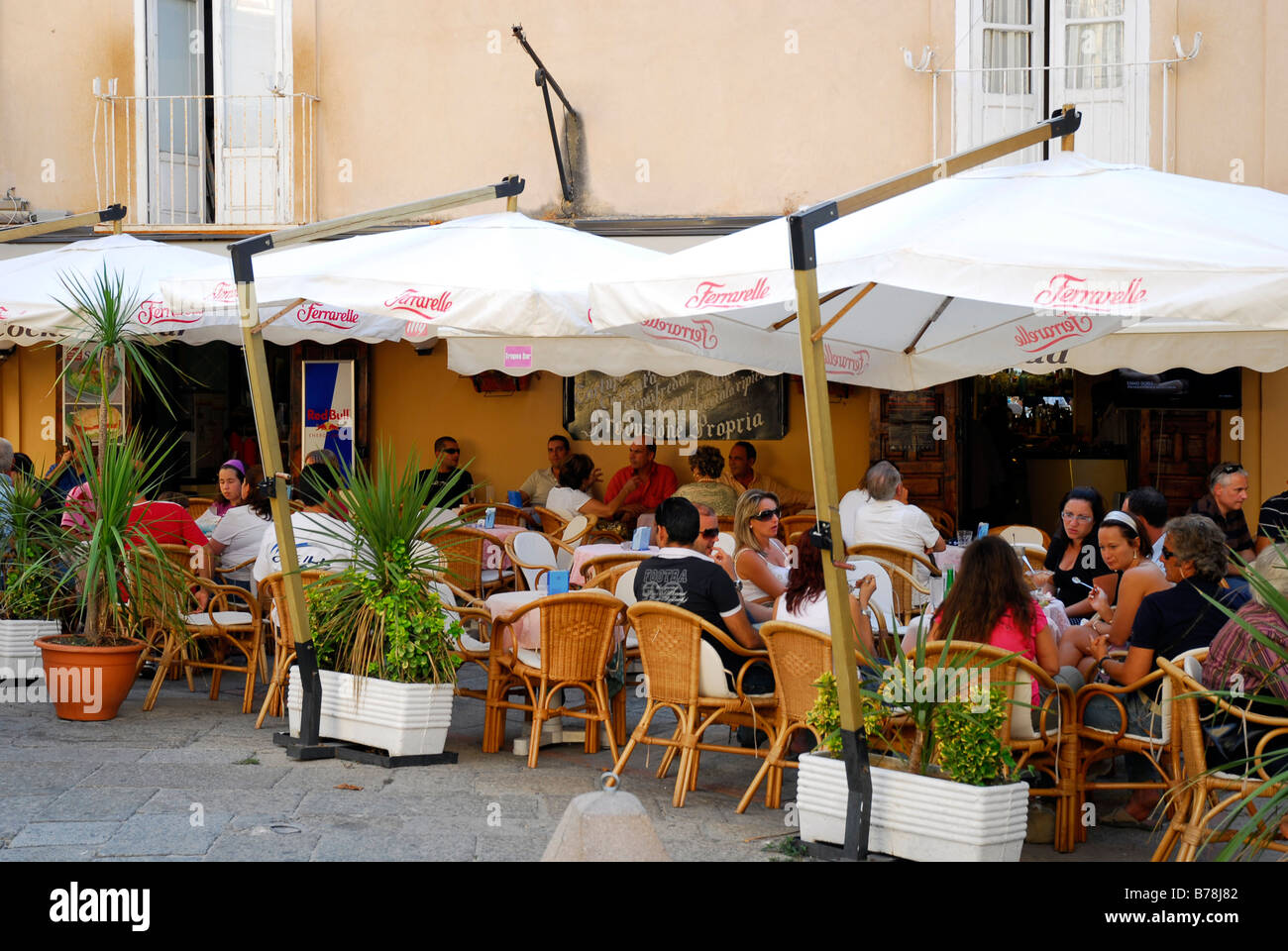 Tropea bar café, terrace in the historic centre of Tropea, Vibo Valentia, Calabria, South Italy ...