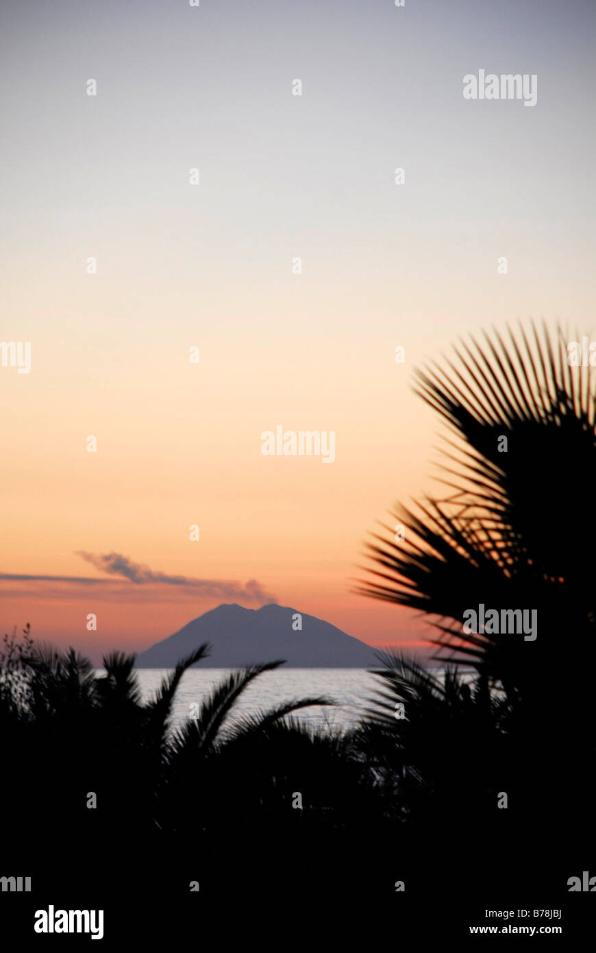 Sunset, volcanic eruption, view of the Stromboli Volcano, Stromboli ...