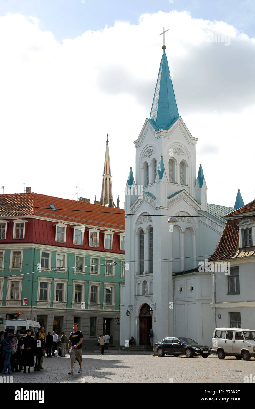 The white Dievmates baznica church at Pils laukums square in the ...