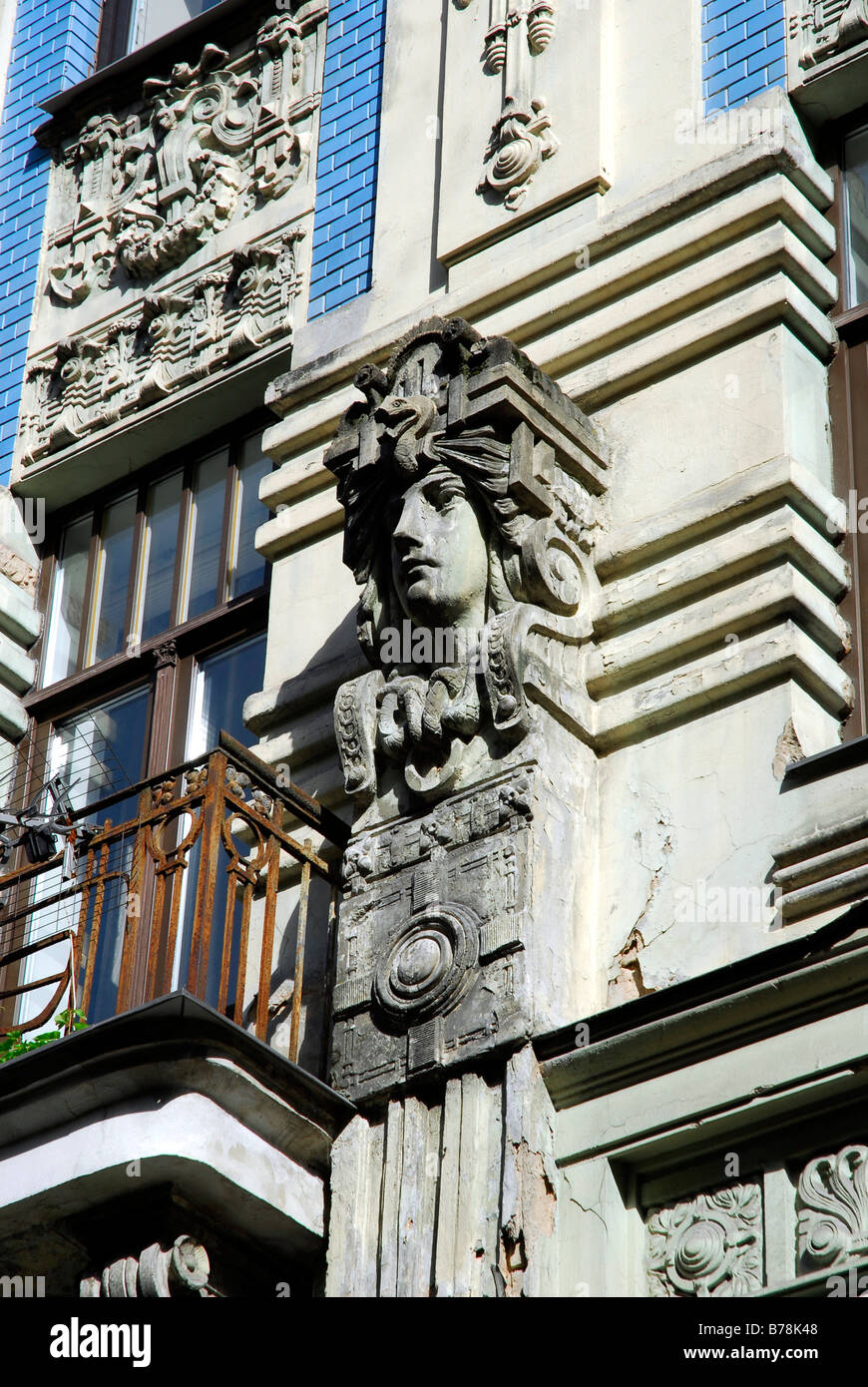 Art Nouveau facade with sculptures of faces in Alberta iela street ...