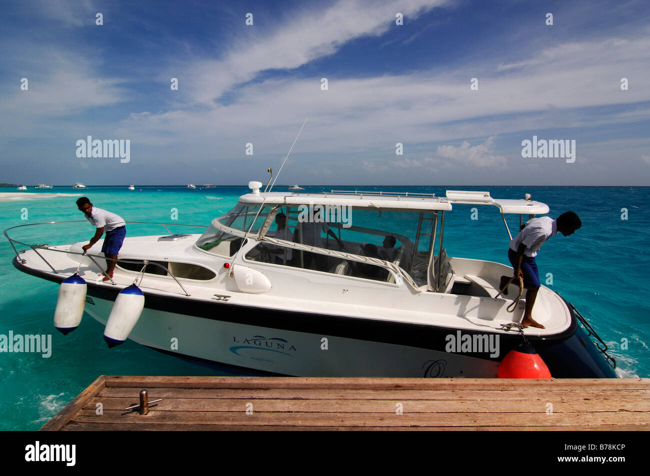 Taxi boot at the jetty in Laguna Resort, The Maldives, Indian Ocean ...