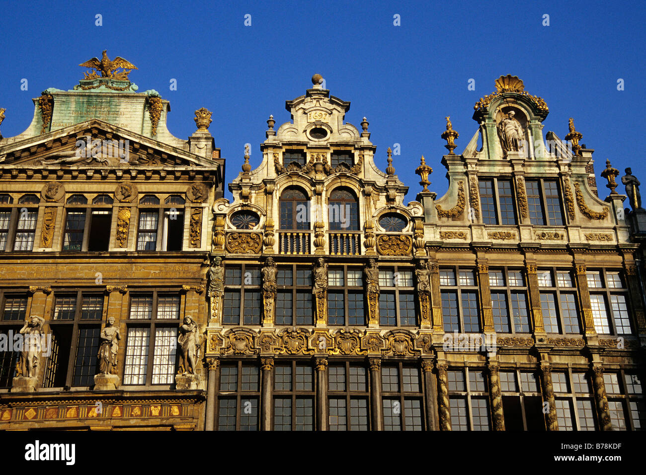 Ornamental facade, baroque houses at the Grand Place, Brussels, Belgum ...