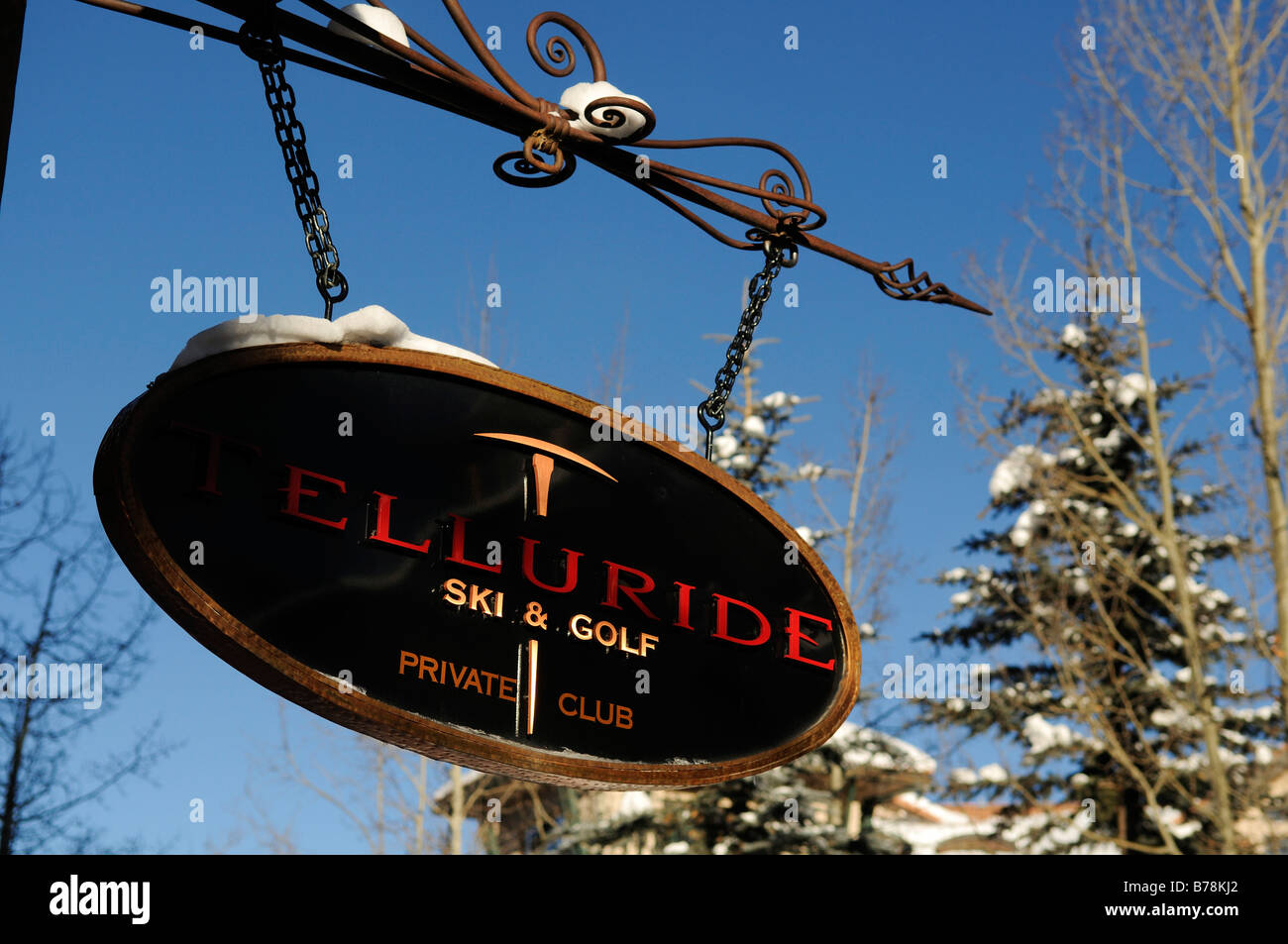 Ski and Golf Club signpost in ski region Telluride, Colorada, USA ...