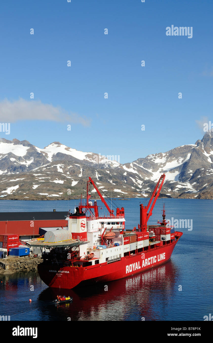 Supply ship of Royal Arctic Line in Kong Oscar Fjord, Ammassalik, East ...