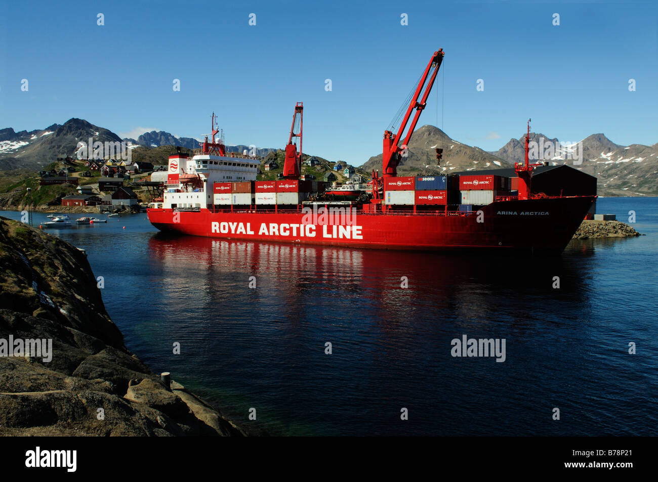 Supply ship of Royal Arctic Line in Kong Oscar Fjord, Ammassalik, East ...