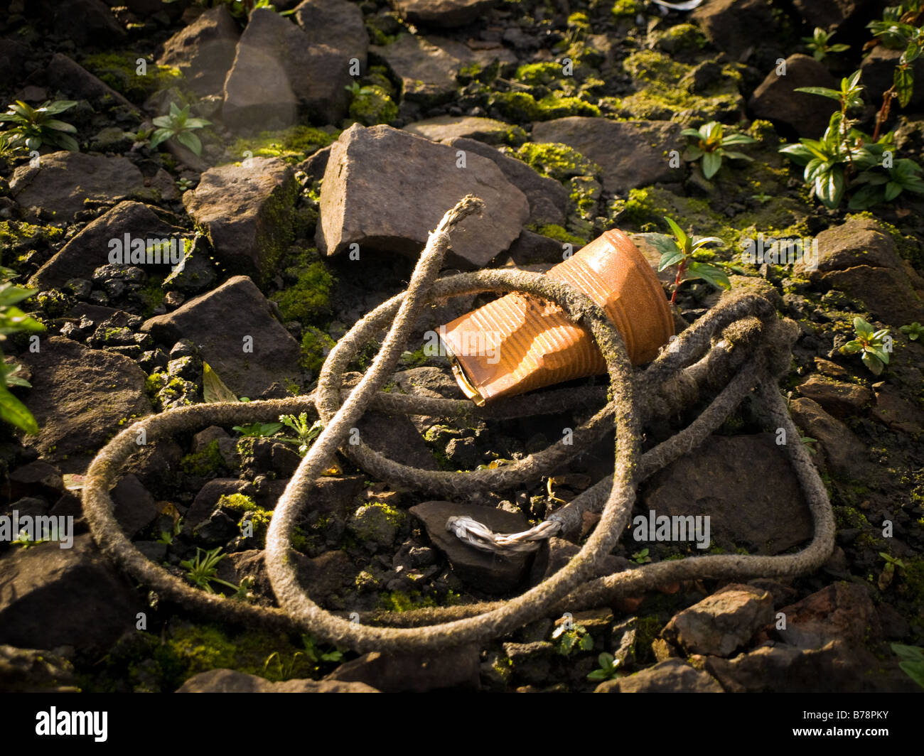 Rusty Tin Can and Old Rope on Muddy Beach Sand Stock Photo - Alamy