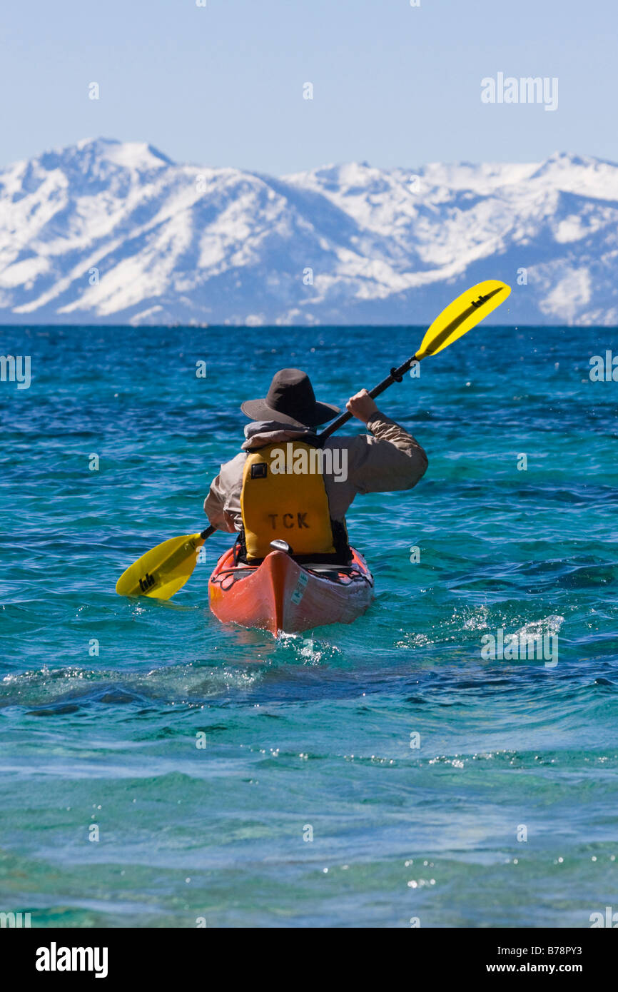 A man sea kayaking on Lake Tahoe near Incline Village in Nevada Stock ...