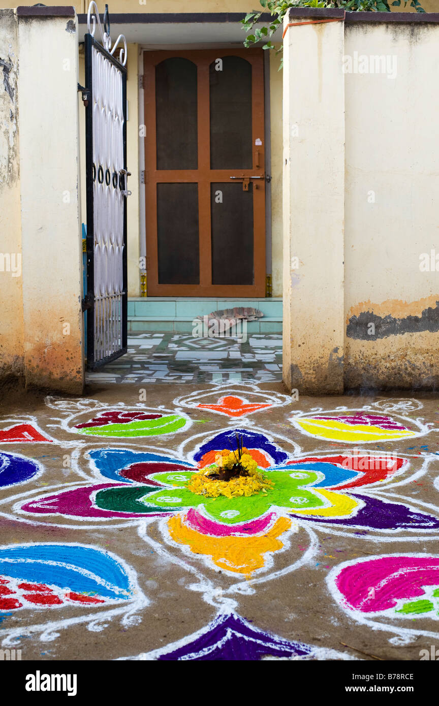 Rangoli sankranti festival design outside a rural Indian village house ...