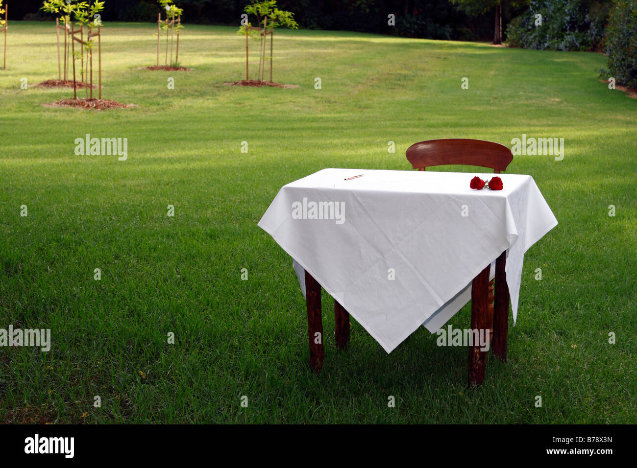 A table set up in a garden setting for signing a Marriage Register ...