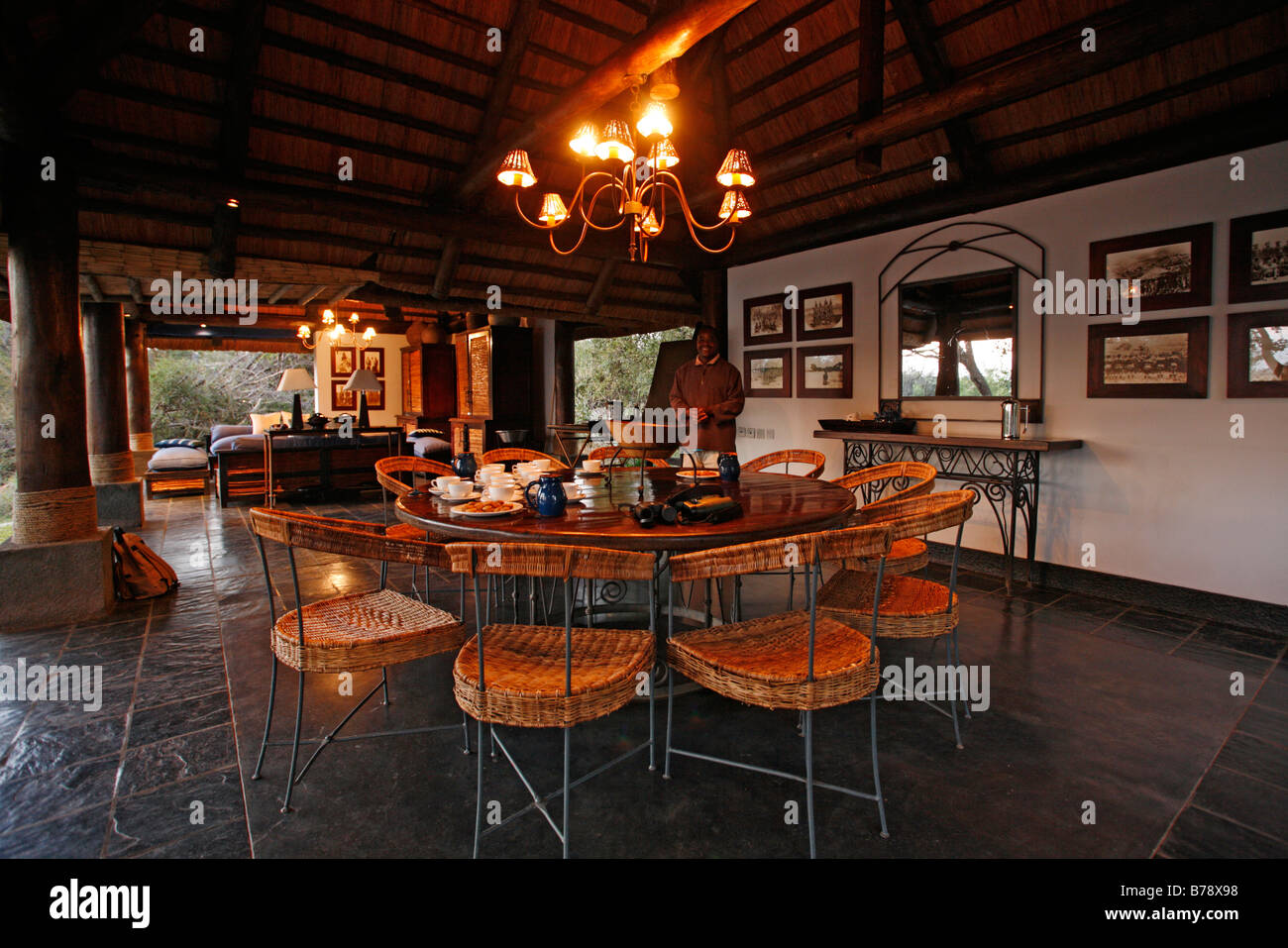 Early-morning coffee ready for guests in the open-air lounge at Matetsi ...