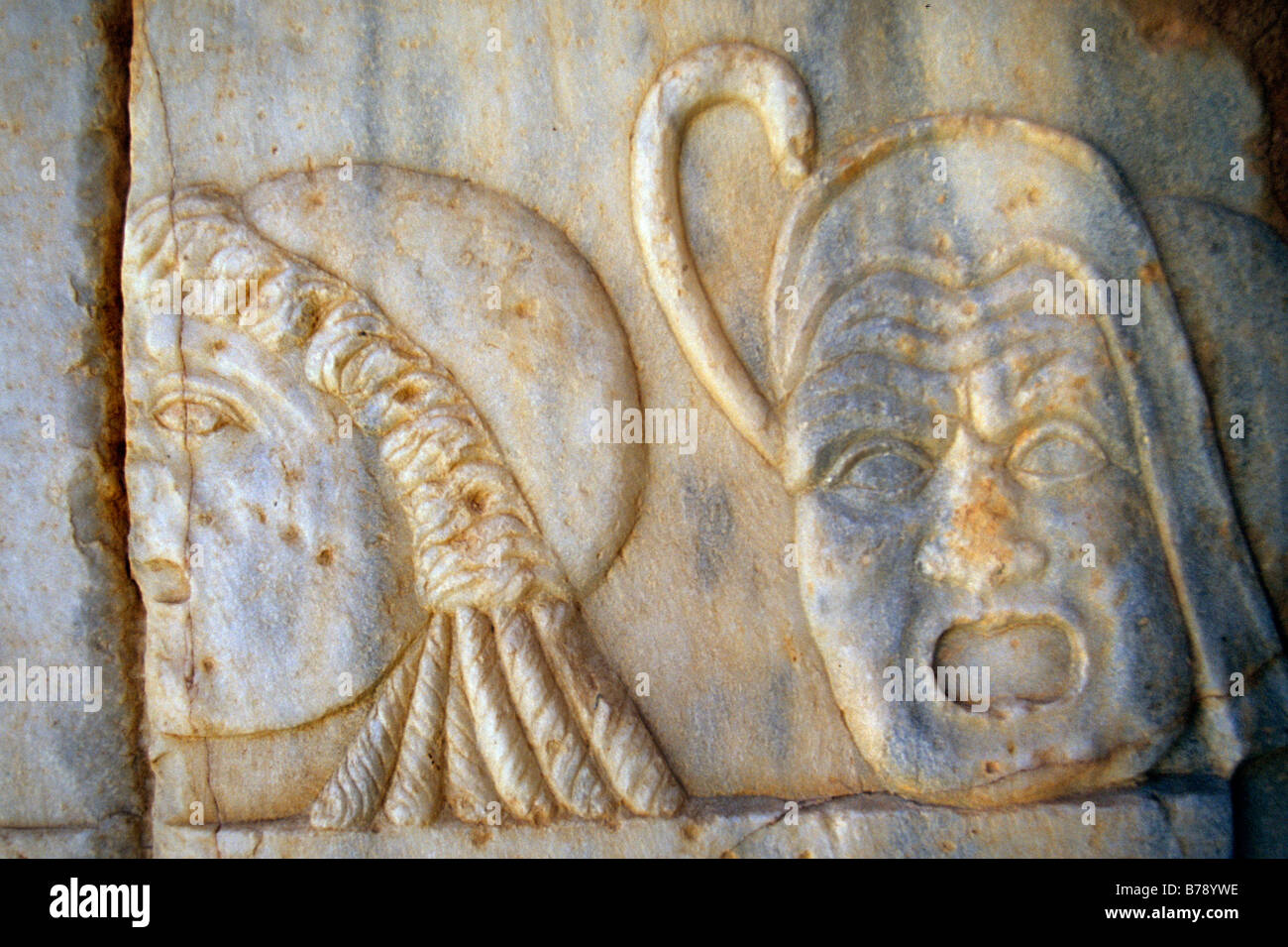 Bas-relief of two carved Roman figures at ruins of Sabratha Stock Photo ...