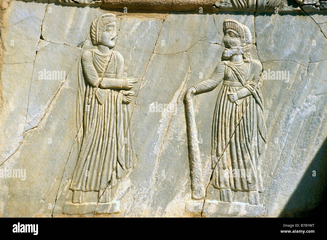Bas-relief of two carved Roman figures at ruins of Sabratha Stock Photo ...