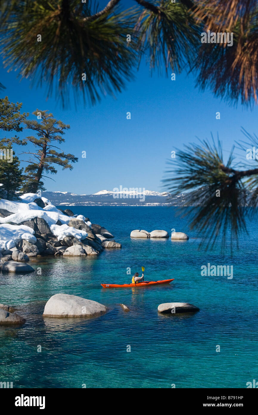 A man sea kayaking on Lake Tahoe near Incline Village in Nevada Stock ...
