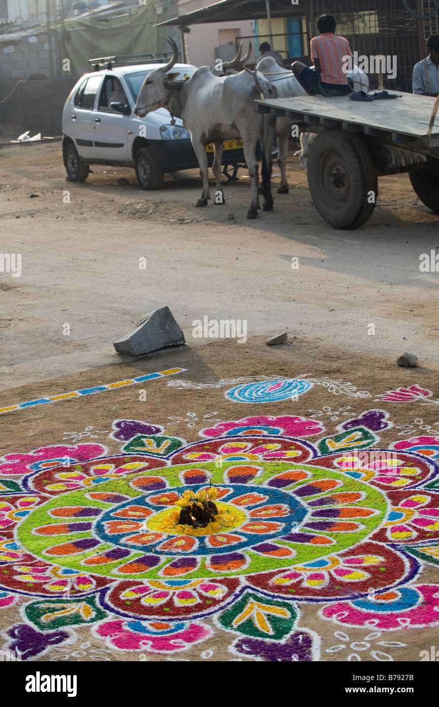 Rangoli festival design in an Indian street at the festival of ...