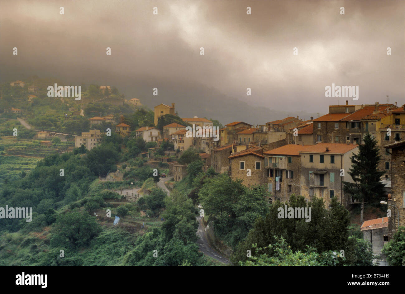 Hill town of Perinaldo at Riviera di Ponente Maritime Alps Liguria ...