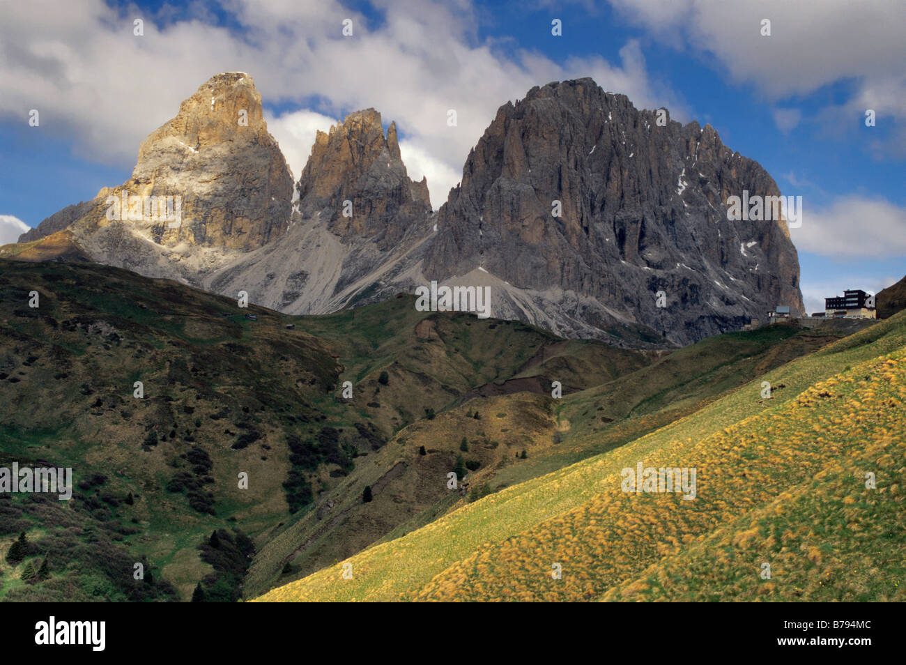 Sasso Lungo and Sasso Piatto from road near Passo di Sella Dolomites ...