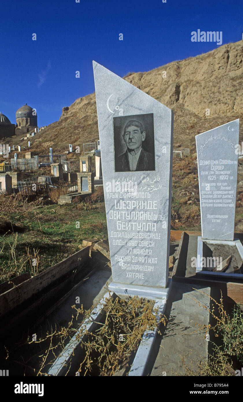 Modern graves and ancient tombs at a cemetary in the Shakhi Zinda ...