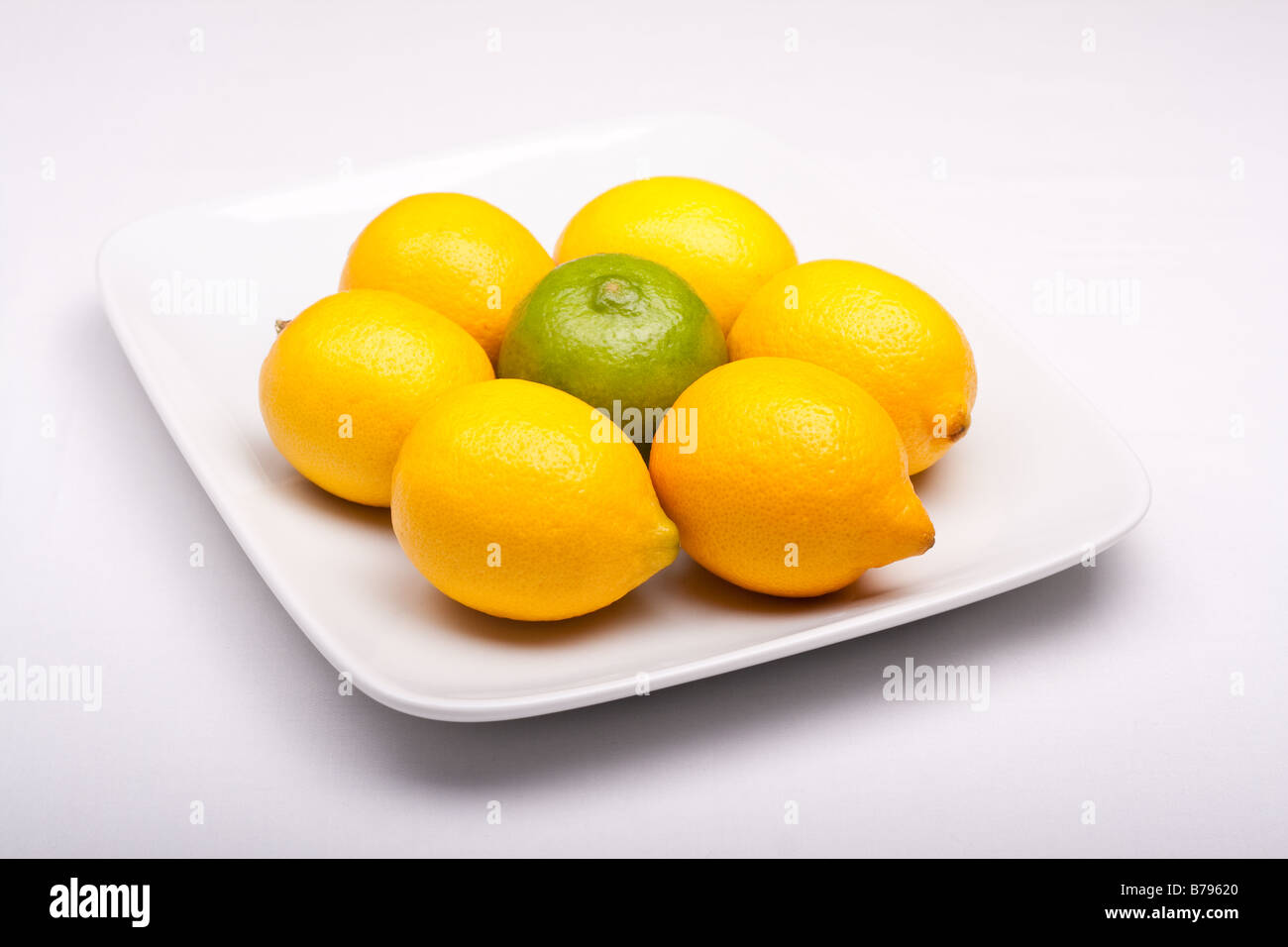 Lime surrounded by lemons on white plate Stock Photo - Alamy