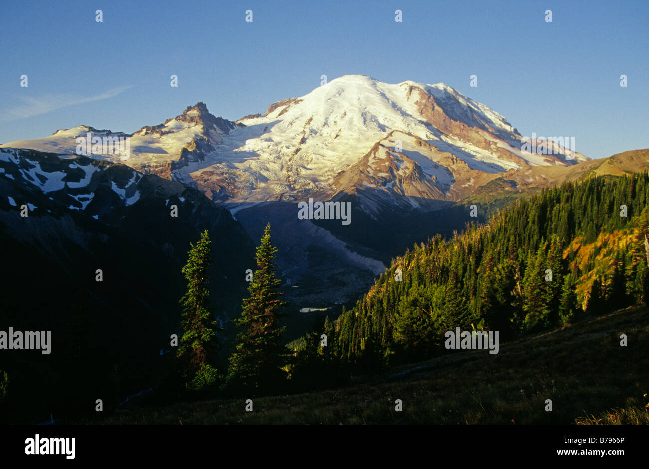 A view of the massive glaciers on the face of Mount Rainier, Washington ...