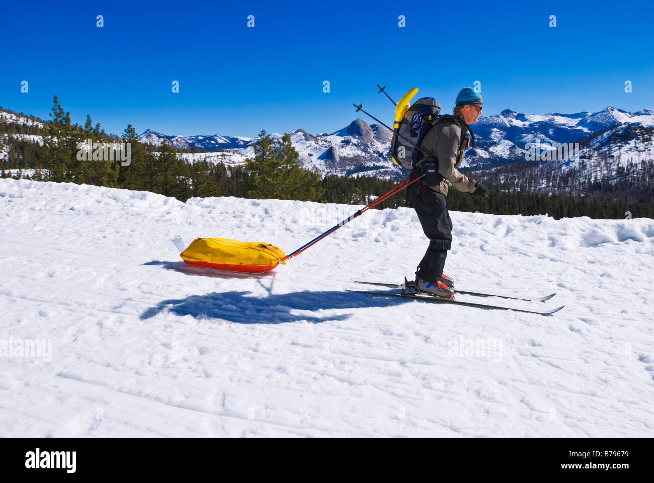 Backcountry skier towing a sled Yosemite National Park California Stock ...