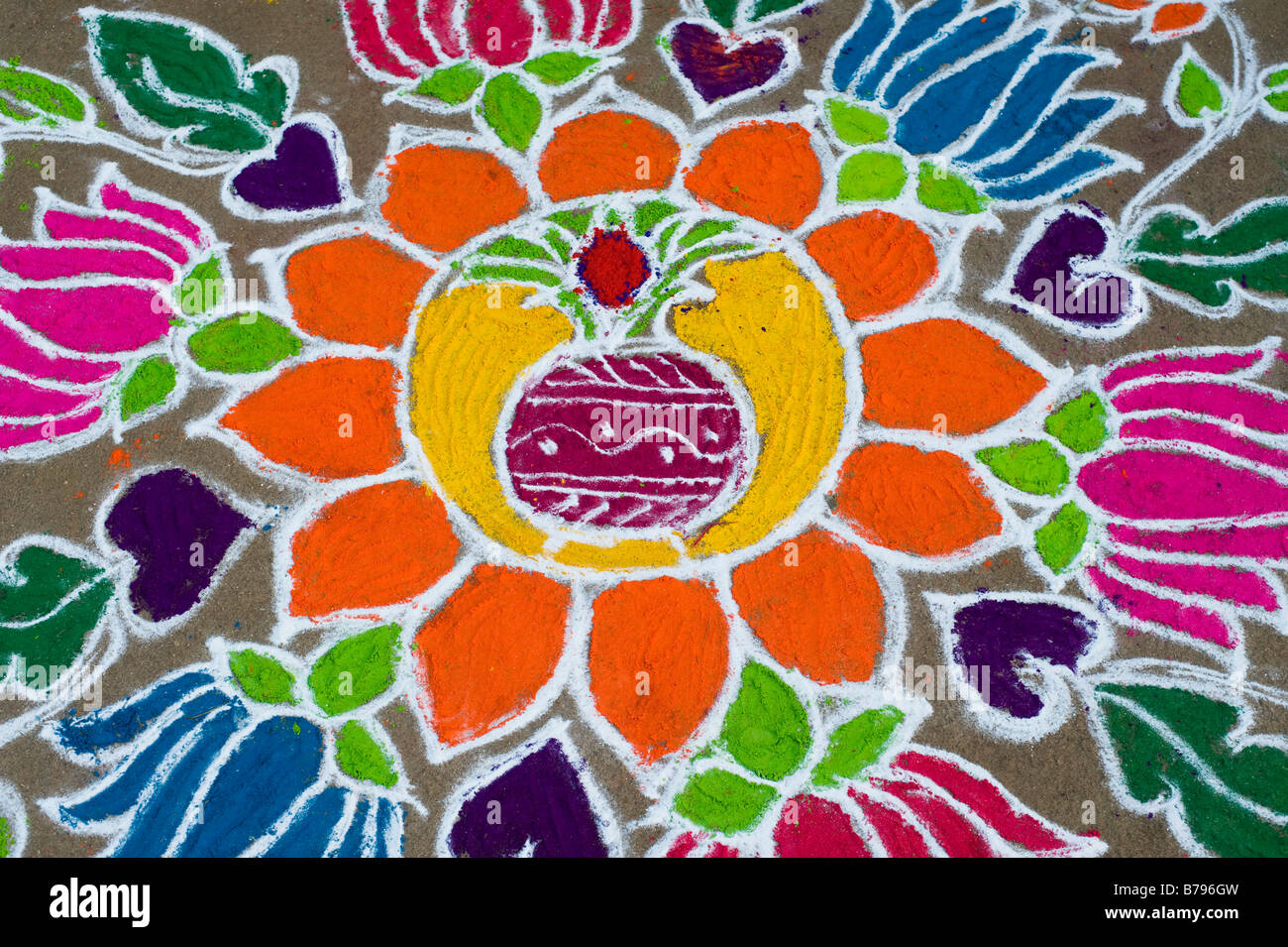 Rangoli festival designs in an Indian street made at the hindu festival ...