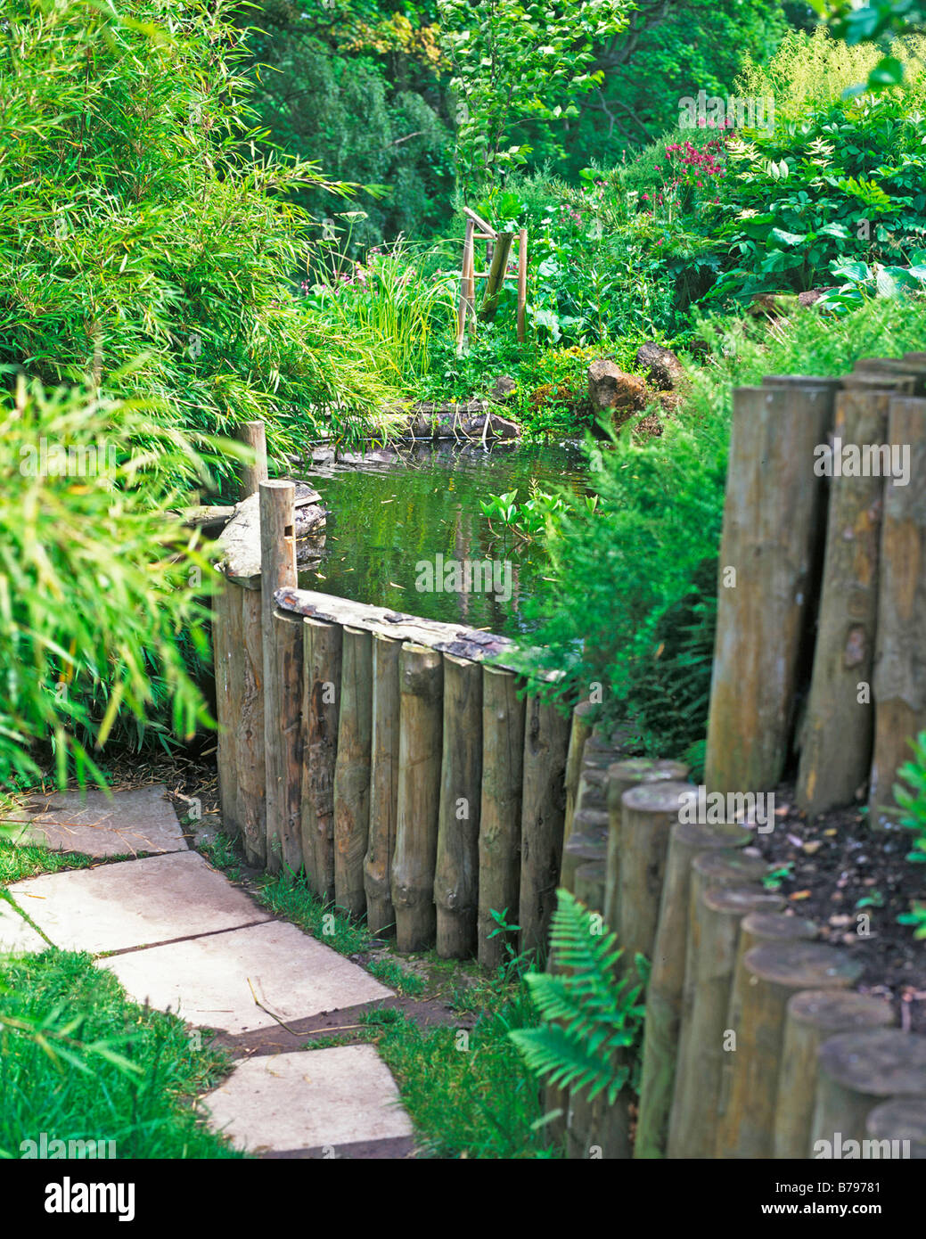 SOFTWOOD LOGS CAN BE USED TO SUPPORT AND DECORATE THE POND EDGE Stock ...
