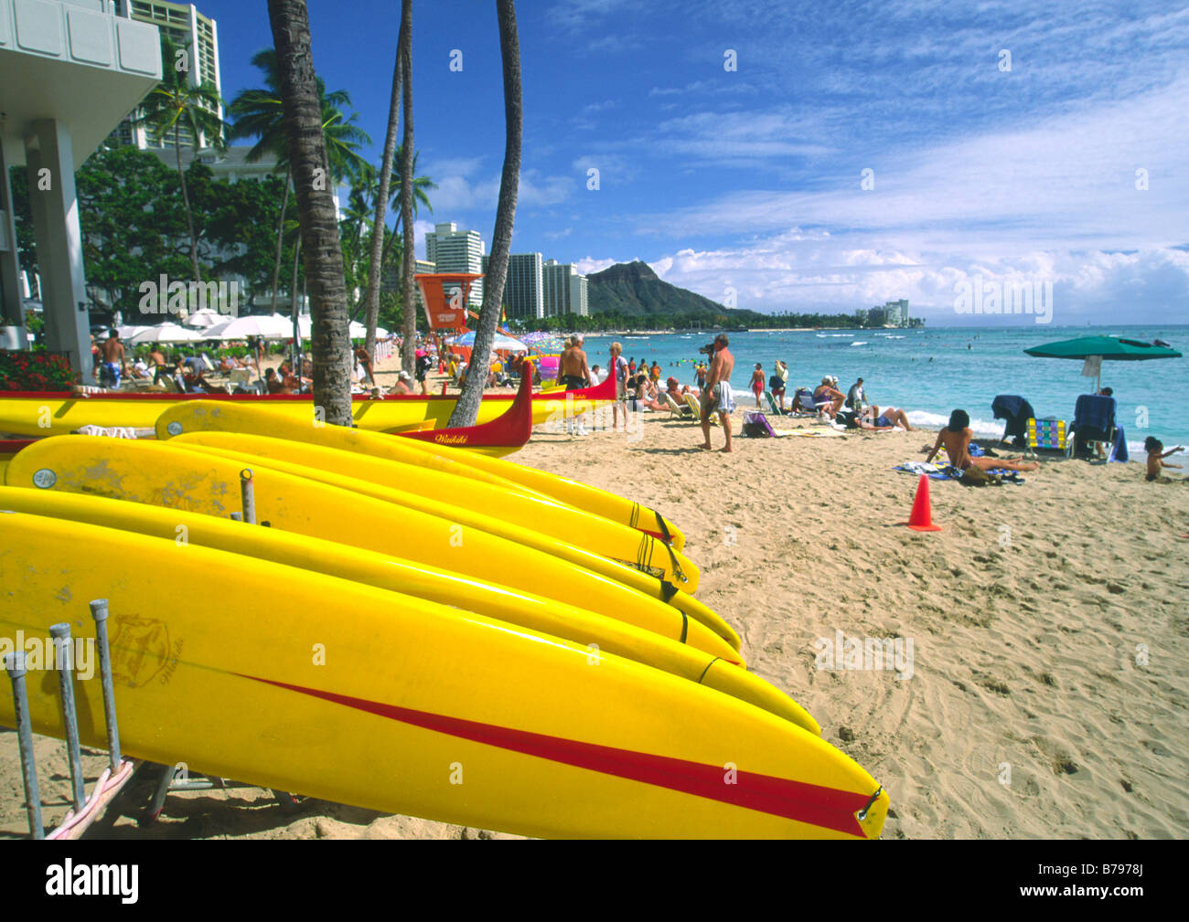 Waikiki Beach on island of Oahu Hawaii showing Diamond Head Stock Photo ...