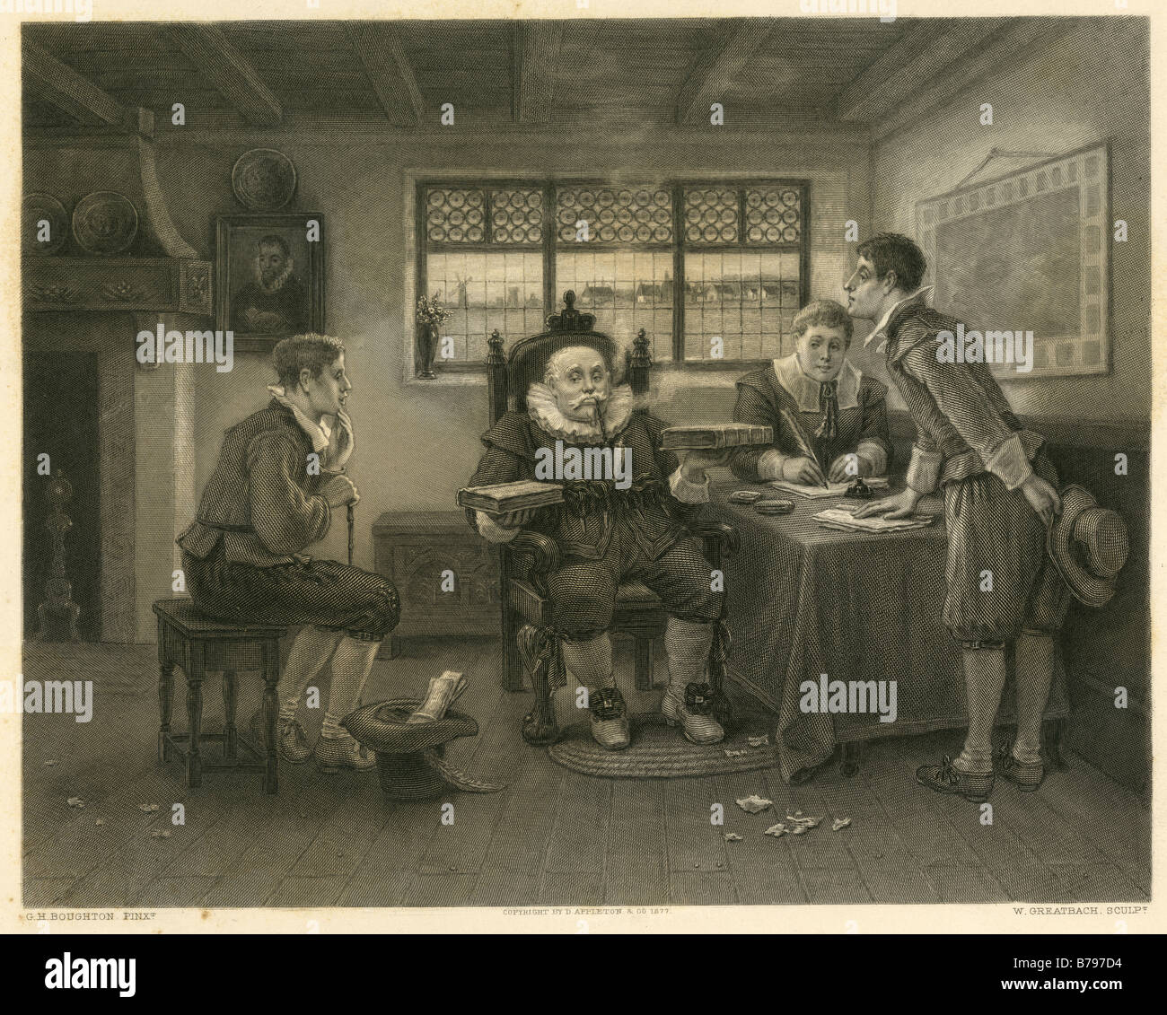 1877 engraving, "The Judgment of Wouter Van Twiller," original painting by G.H. Boughton ...