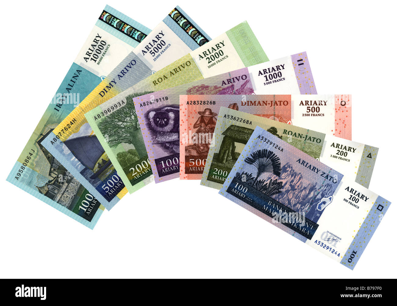Set Of Malagasy Ariary Banknotes All Denominations Issued Stock Photo