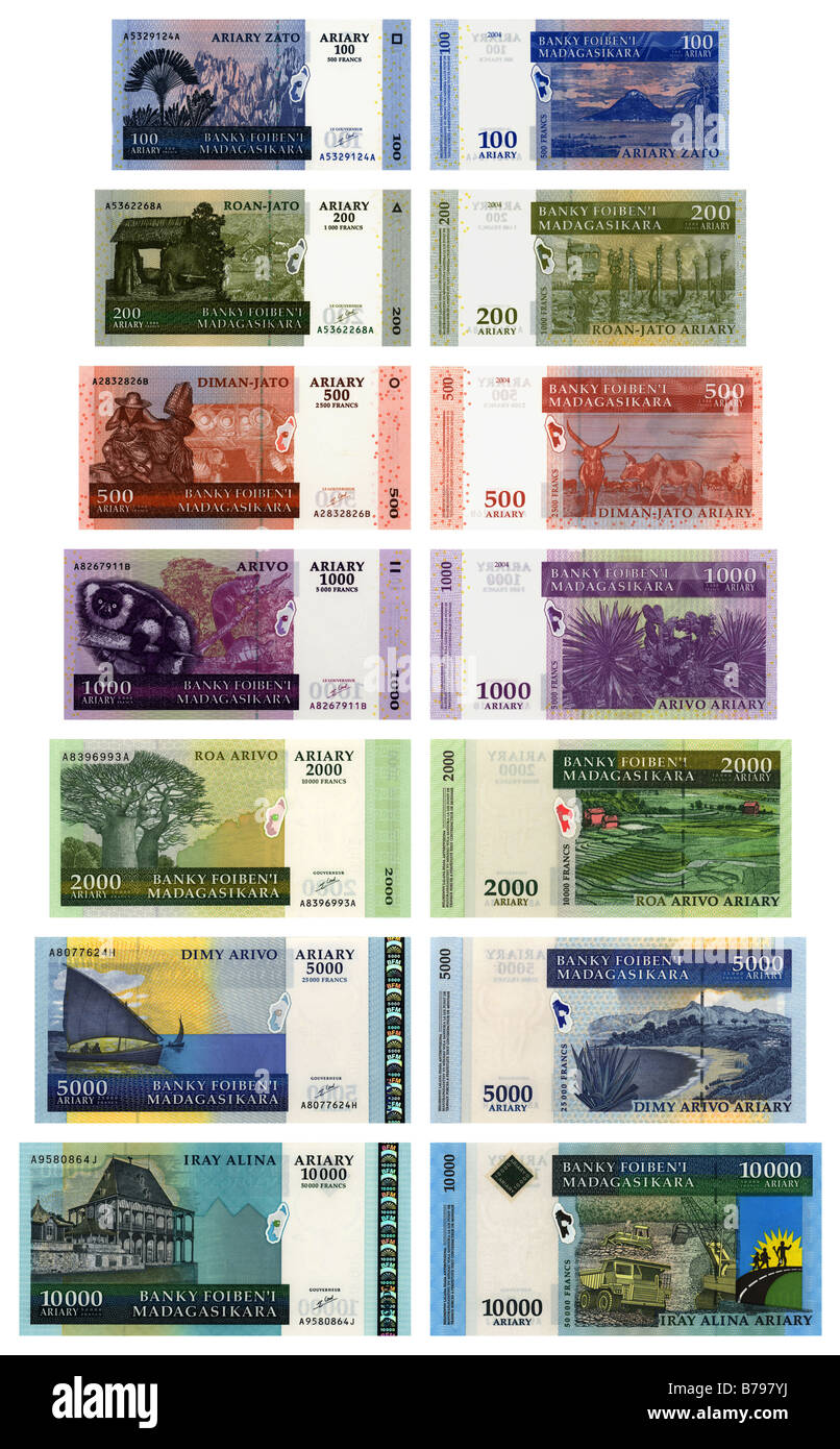 Set of all Malagasy Ariary banknotes, front and back Stock Photo - Alamy