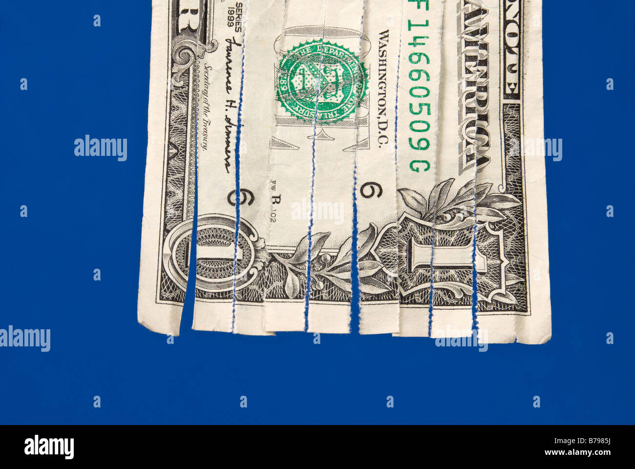 A shredded dollar bill isolated on blue The image can be used for ...