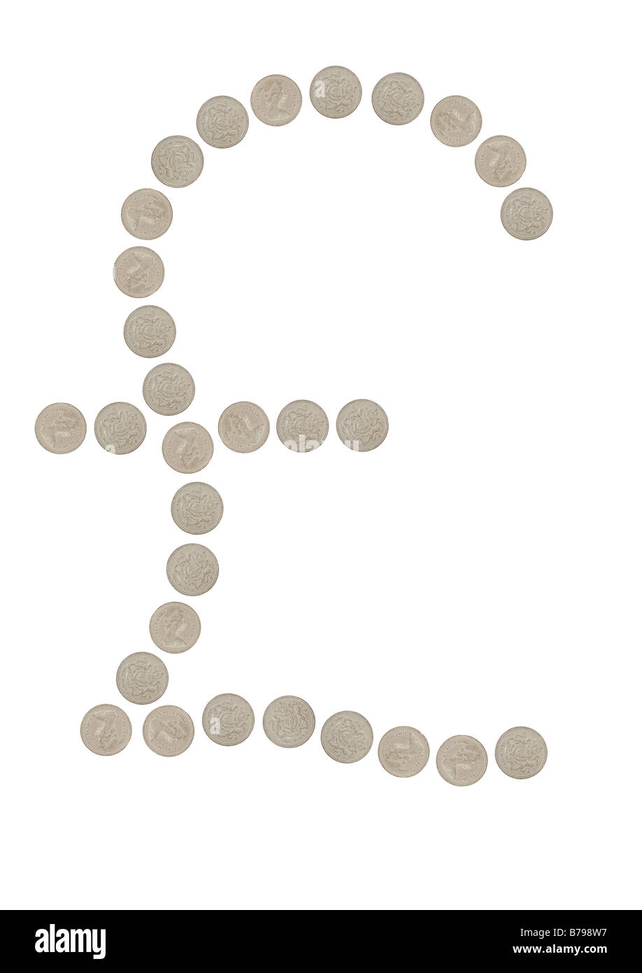 One pound coins isolated on white in the shape of the pound symbol ...