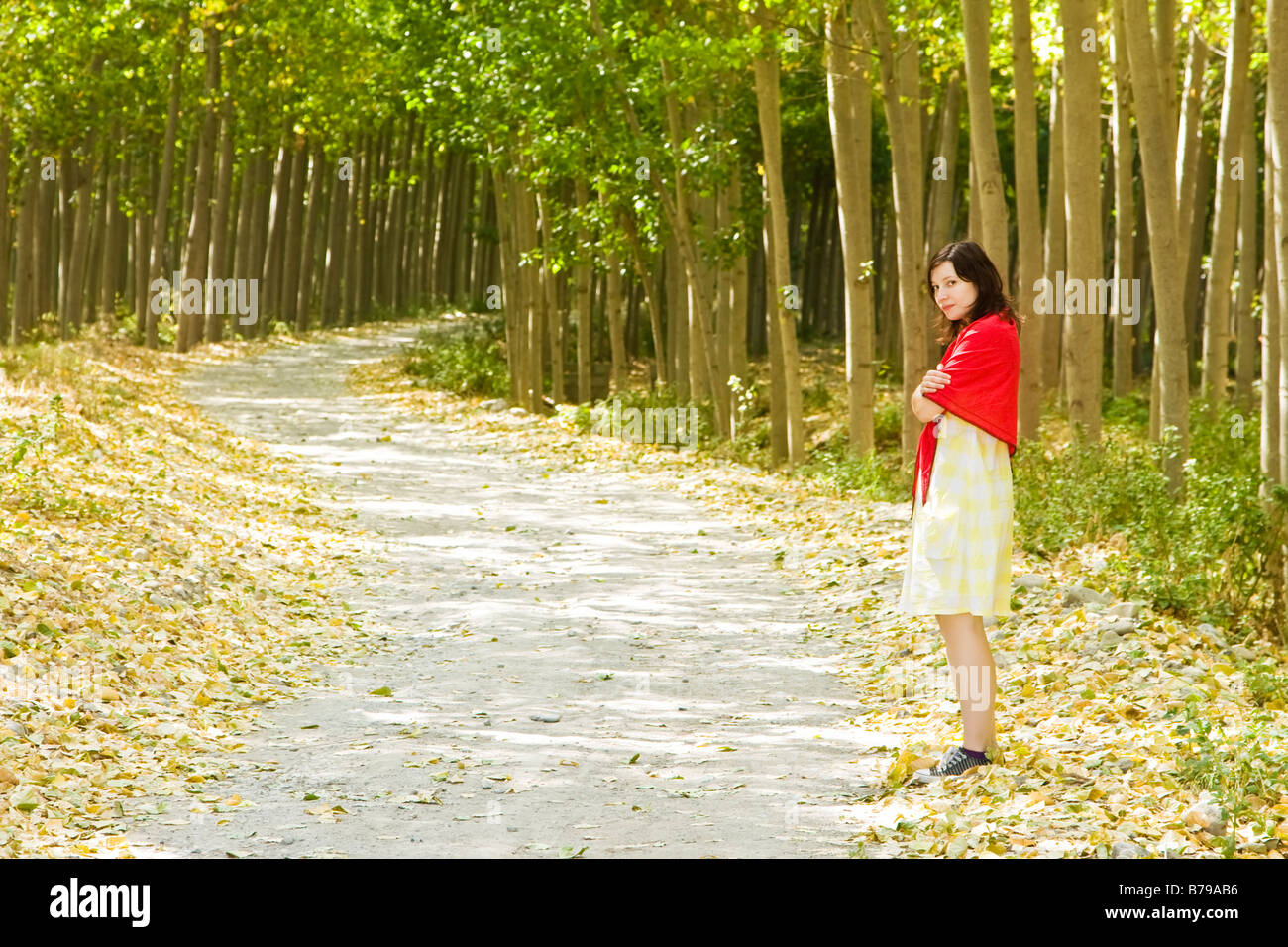 Young woman following a path in the forest Stock Photo - Alamy