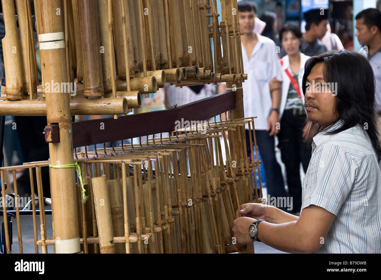 Man playing traditional angklung, Central Market, Kuala Lumpur ...