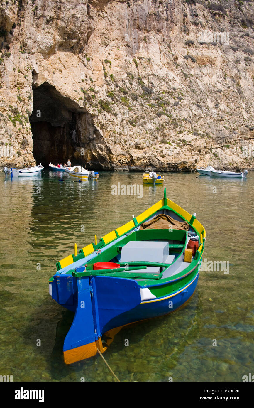 Luzzu fishing boat moored in the Inland Sea, Il-Qawra, Dwejra, Gozo ...