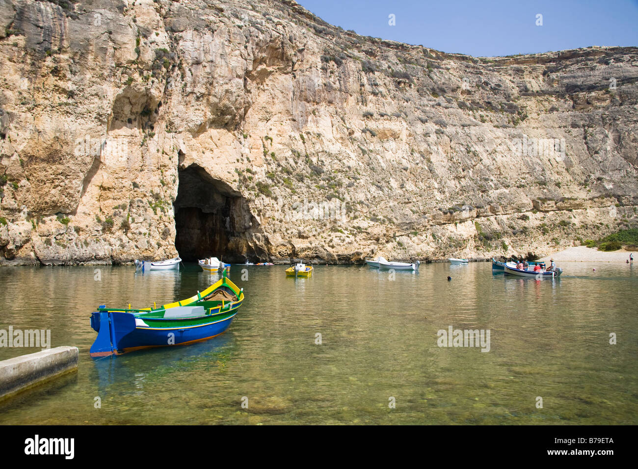 Luzzu fishing boat moored in the Inland Sea, Il-Qawra, Dwejra, Gozo ...