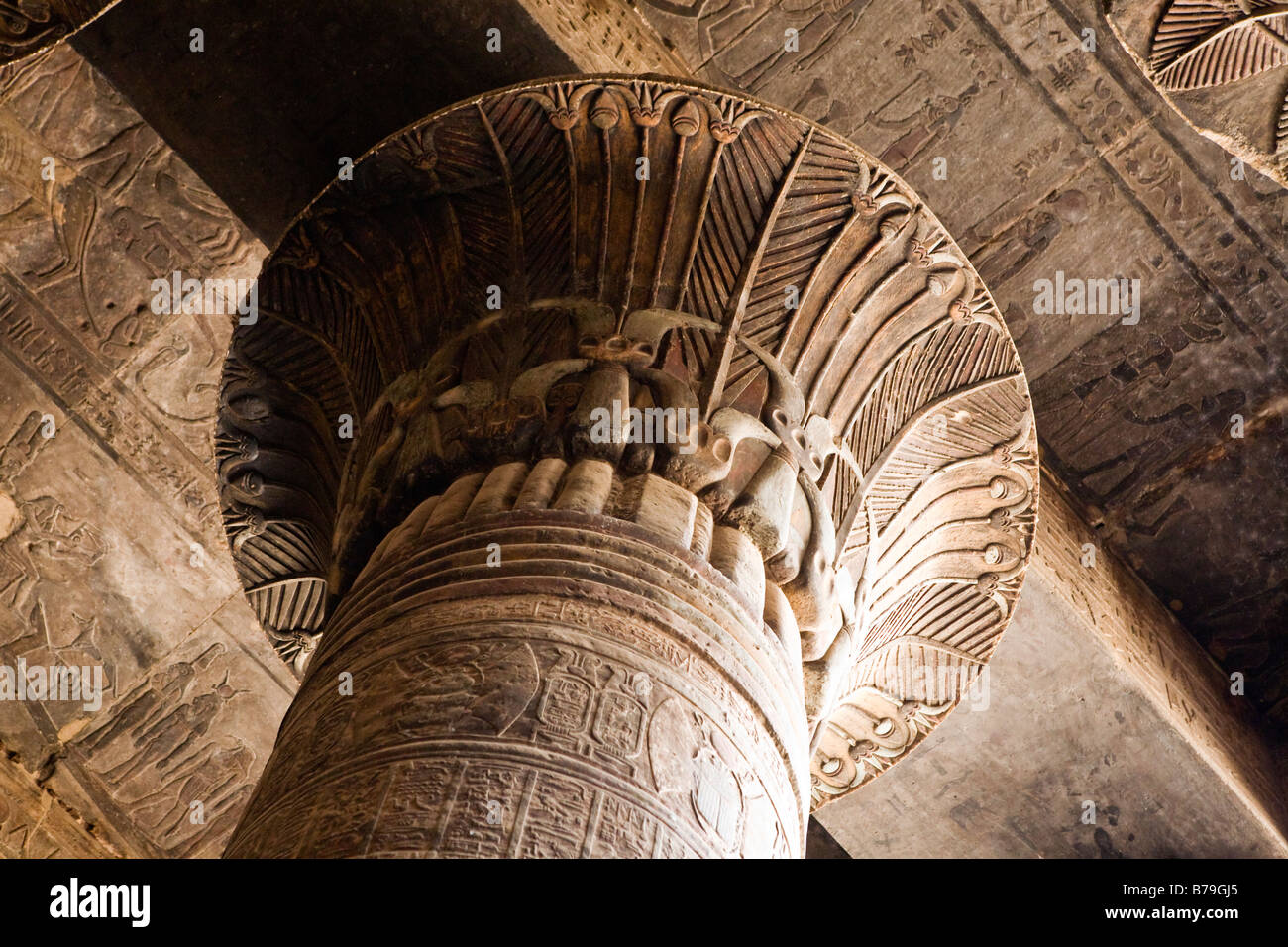 Column capital within the Hypostyle Hall at the Temple Of Khnum at Esna ...
