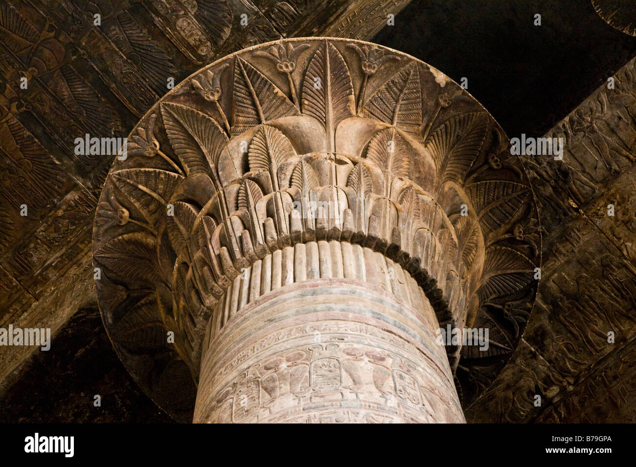 Column capital within the Hypostyle Hall at the Temple Of Khnum at Esna ...