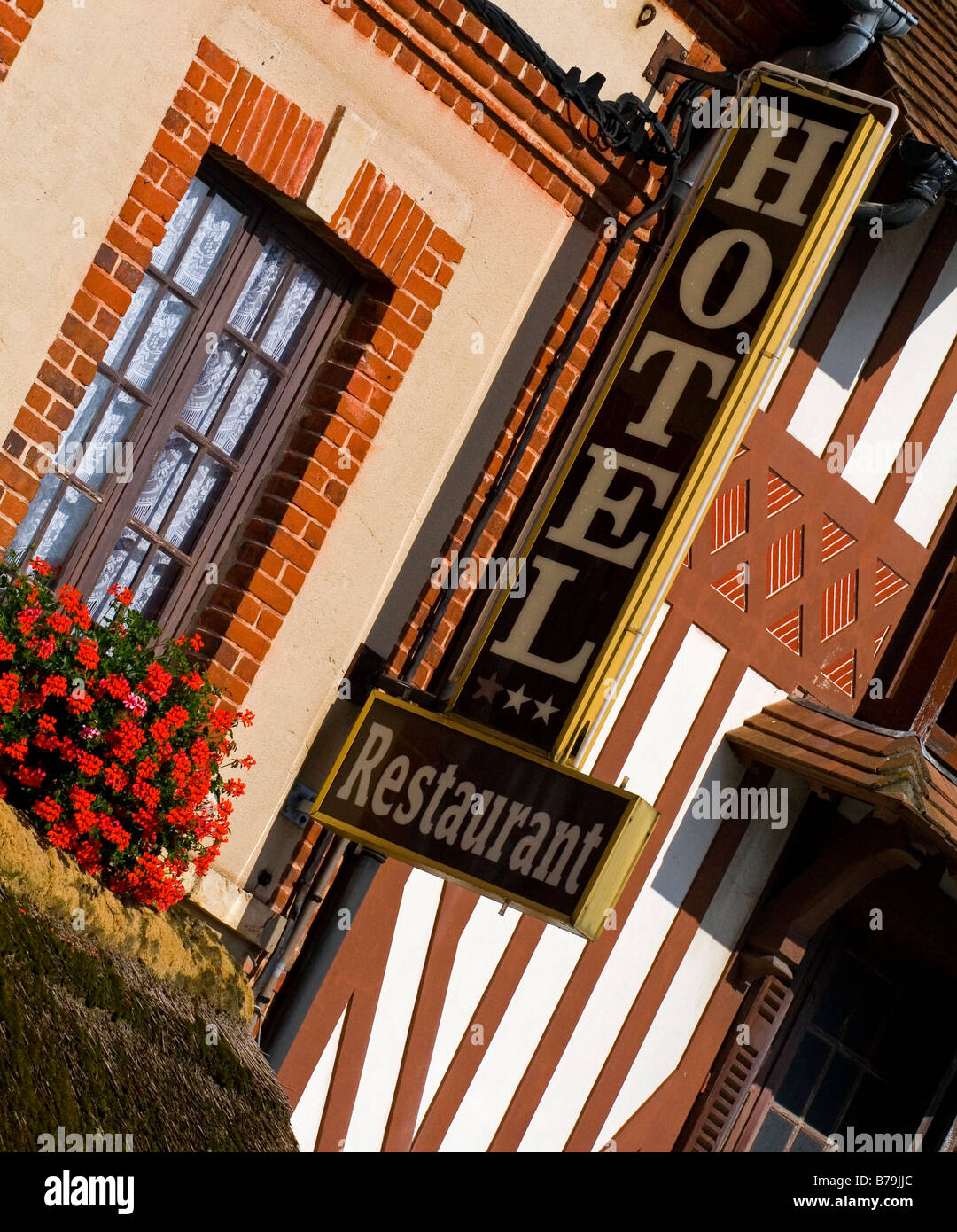 Hotel and restaurant sign in Touques Normandy France near the Cote ...