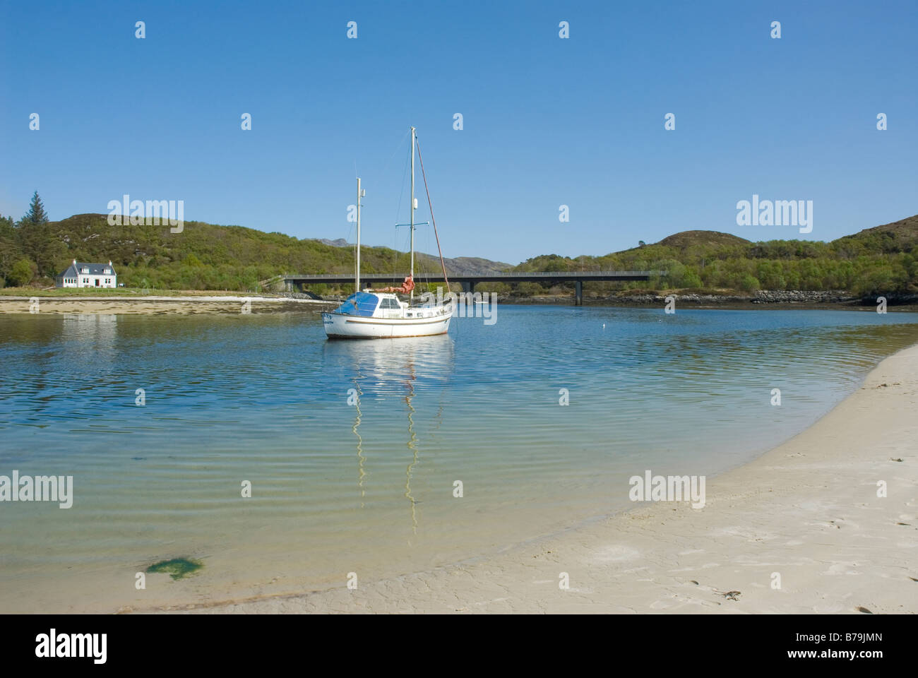 Yacht and River Morar with white sands of Morar nr Mallaig Highland ...