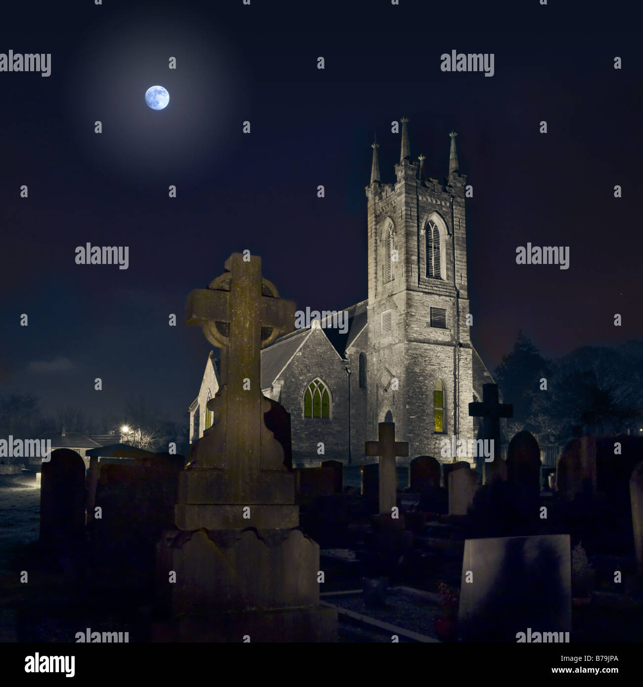 Irish church, full moon, Castleknock Stock Photo - Alamy