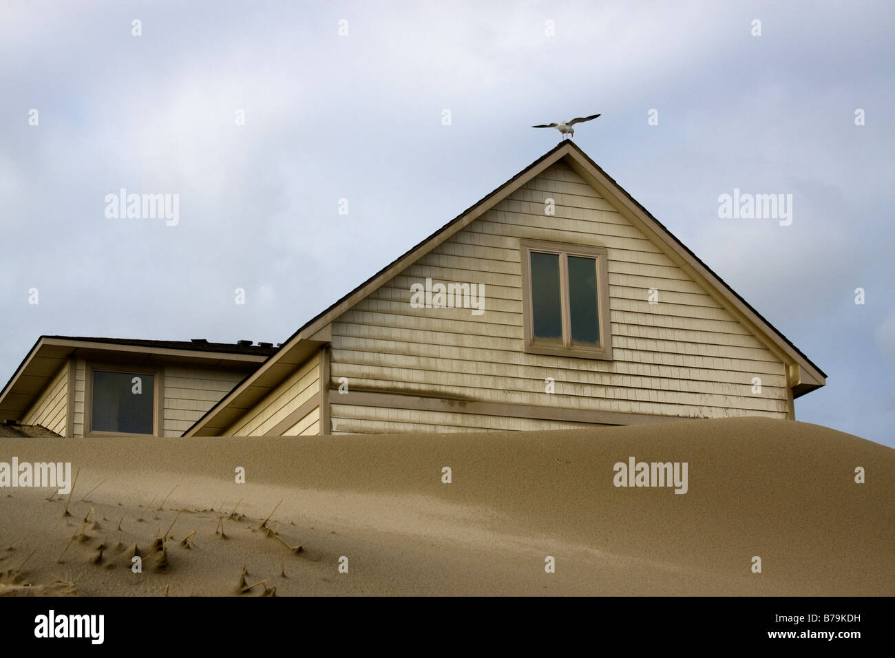 Sand piles up in front of a residence after a large storm on the Oregon ...