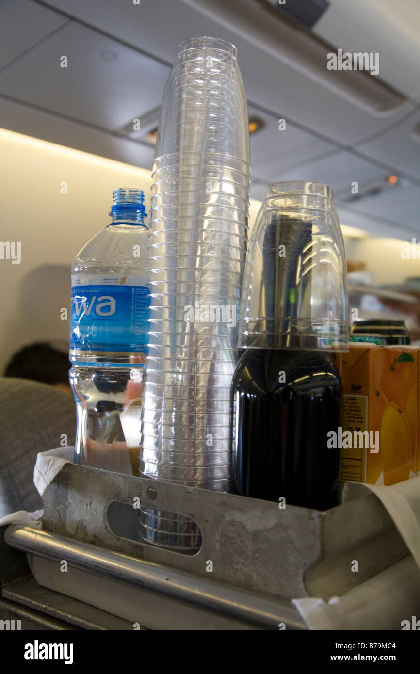 Airline Trolley cart with drinks for serving to passengers during an ...