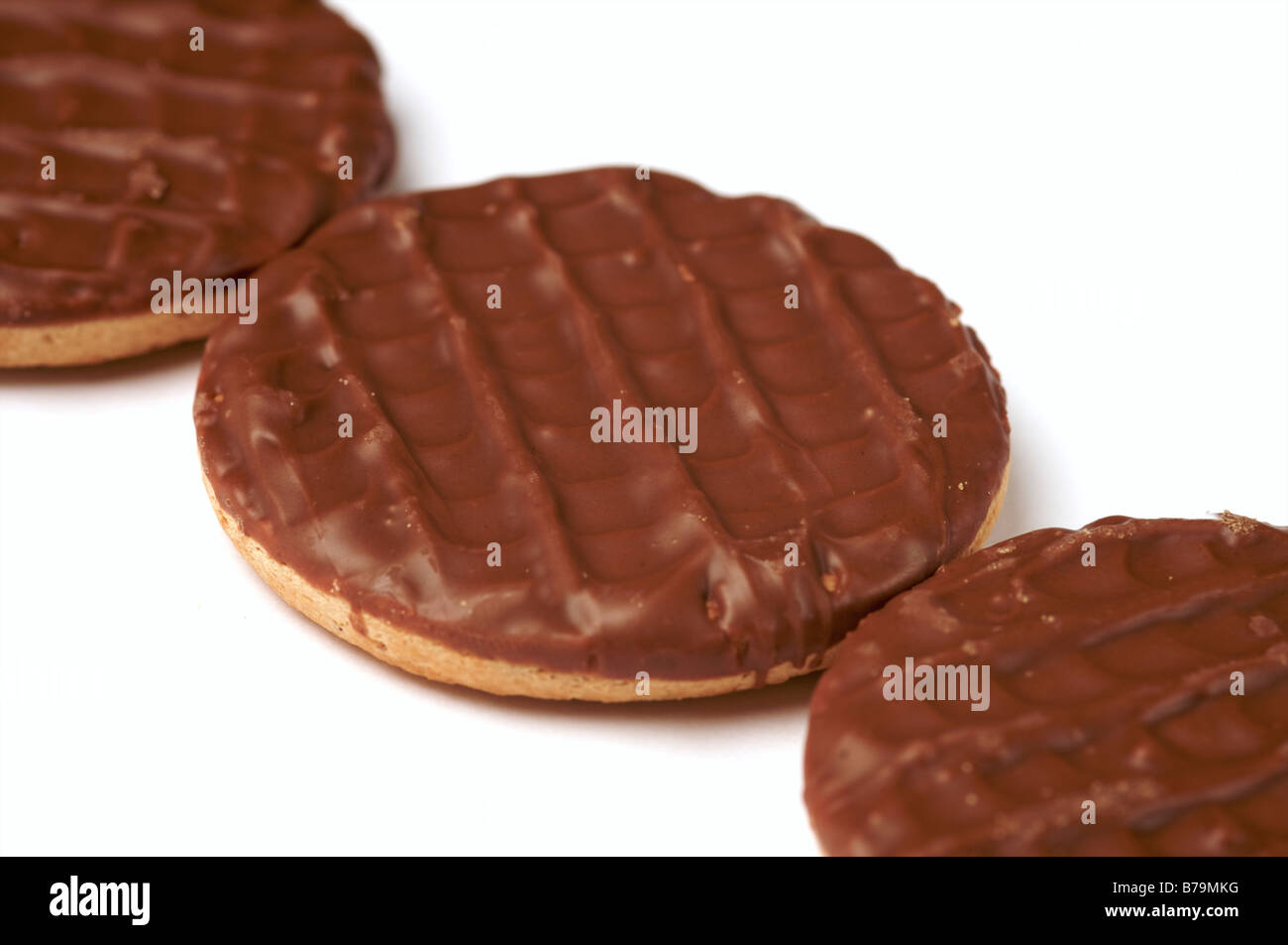 A row of chocolate covered biscuits isolated on a white background ...