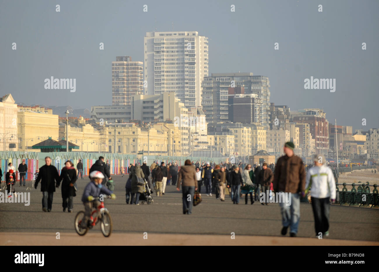 Brighton and Hove city tower blocks rise above the busy promenade on a ...