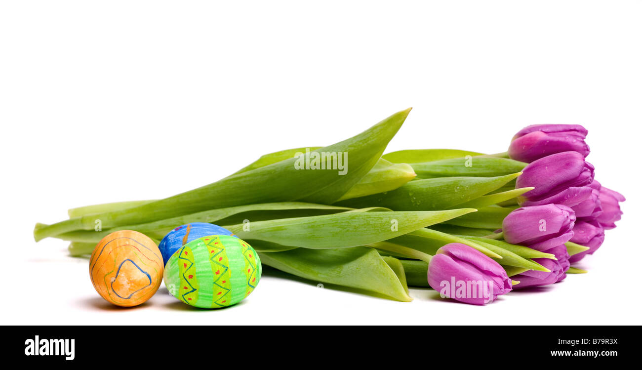 Spring symbols: tulips and Easter eggs Stock Photo - Alamy