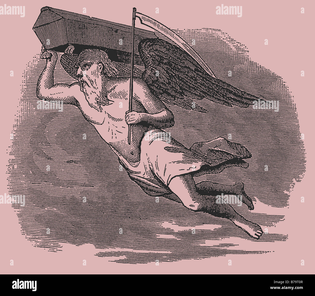 19th century illustration of the Grim Reaper flying with a coffin and ...