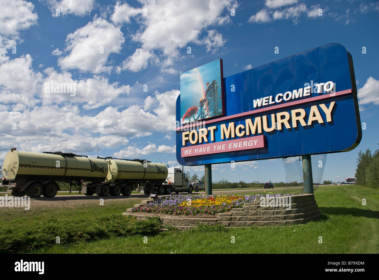 A welcome sign greets traffic travelling into Fort McMurray, Alberta ...